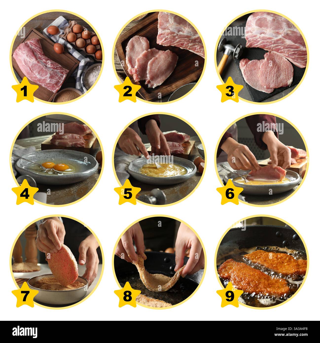Schnitzel step-by-step recipe. Collage with numbered photos of ...