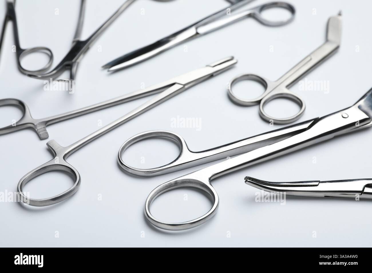 Different surgical tools on light gray background, closeup Stock Photo ...
