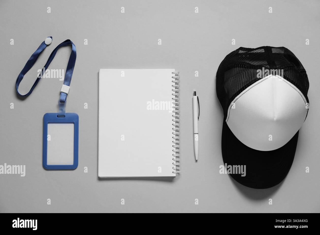 Different blank items for branding on gray background, flat lay. Mockup ...