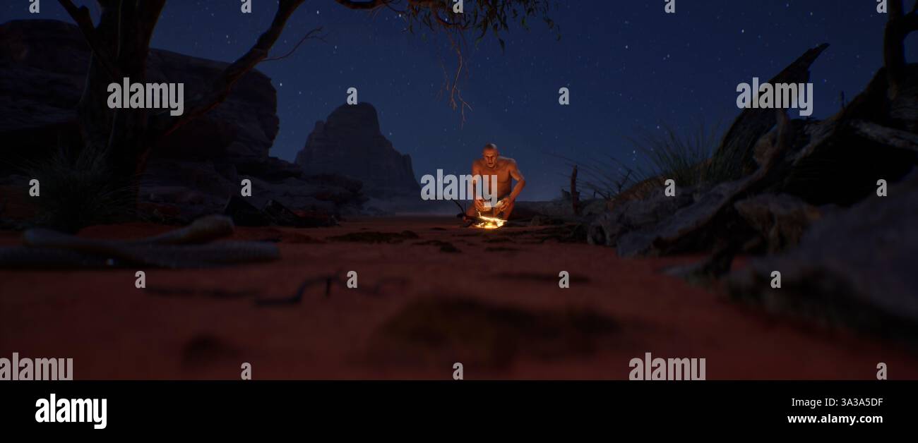 An ancient man, representing early human development, uses flint to ...