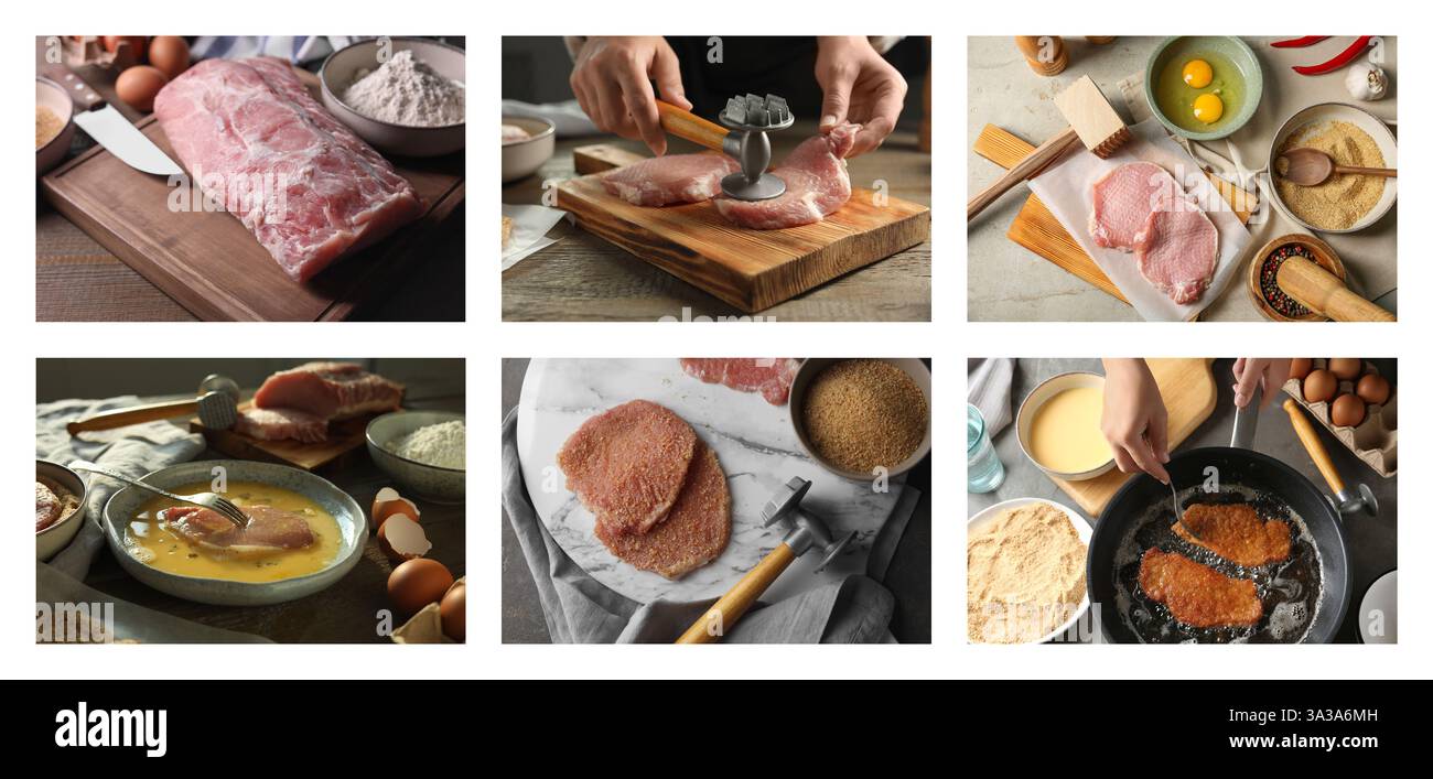 Schnitzel step-by-step recipe. Collage with photos of preparation on ...