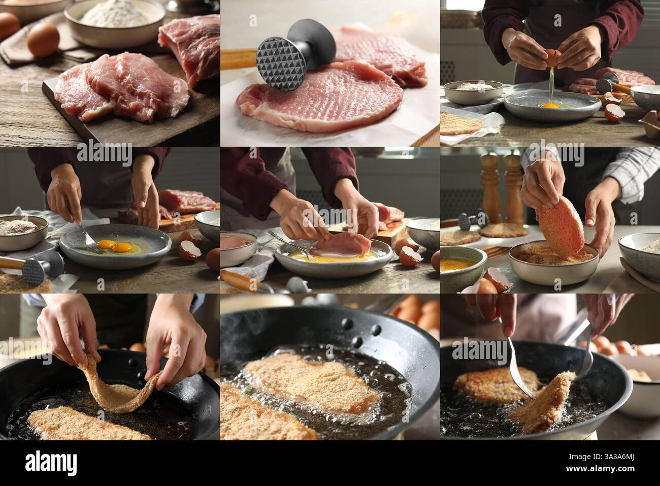 Schnitzel step-by-step recipe. Collage with photos of preparation Stock ...