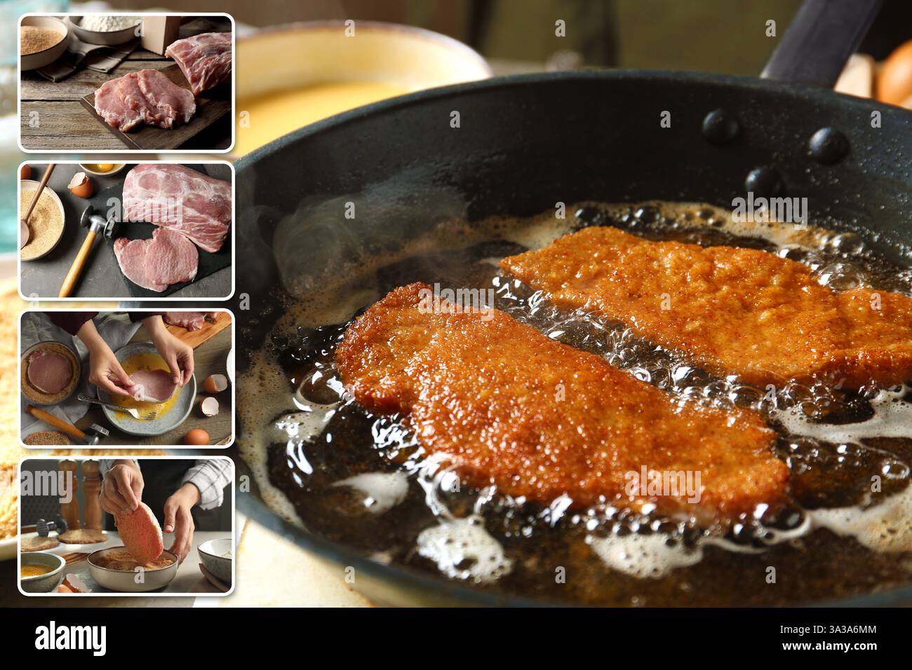 Schnitzel step-by-step recipe. Collage with photos of preparation Stock ...