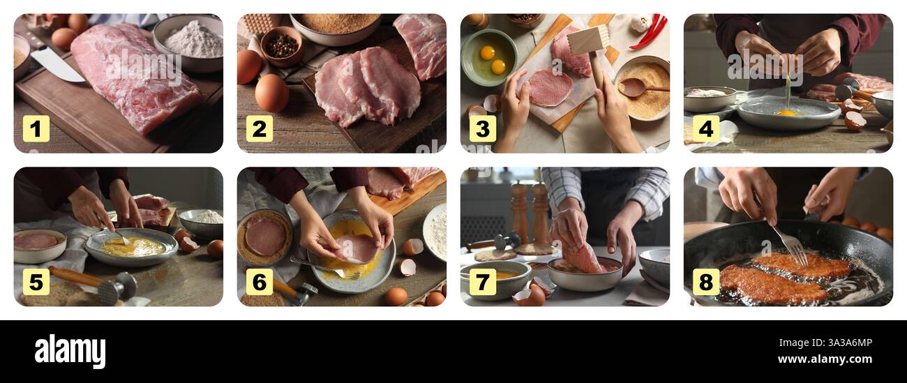 Schnitzel step-by-step recipe. Collage with numbered photos of ...