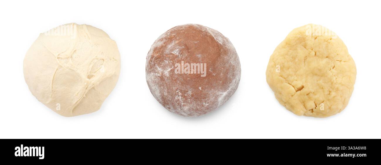 Different types of dough isolated on white, set. Top view Stock Photo ...