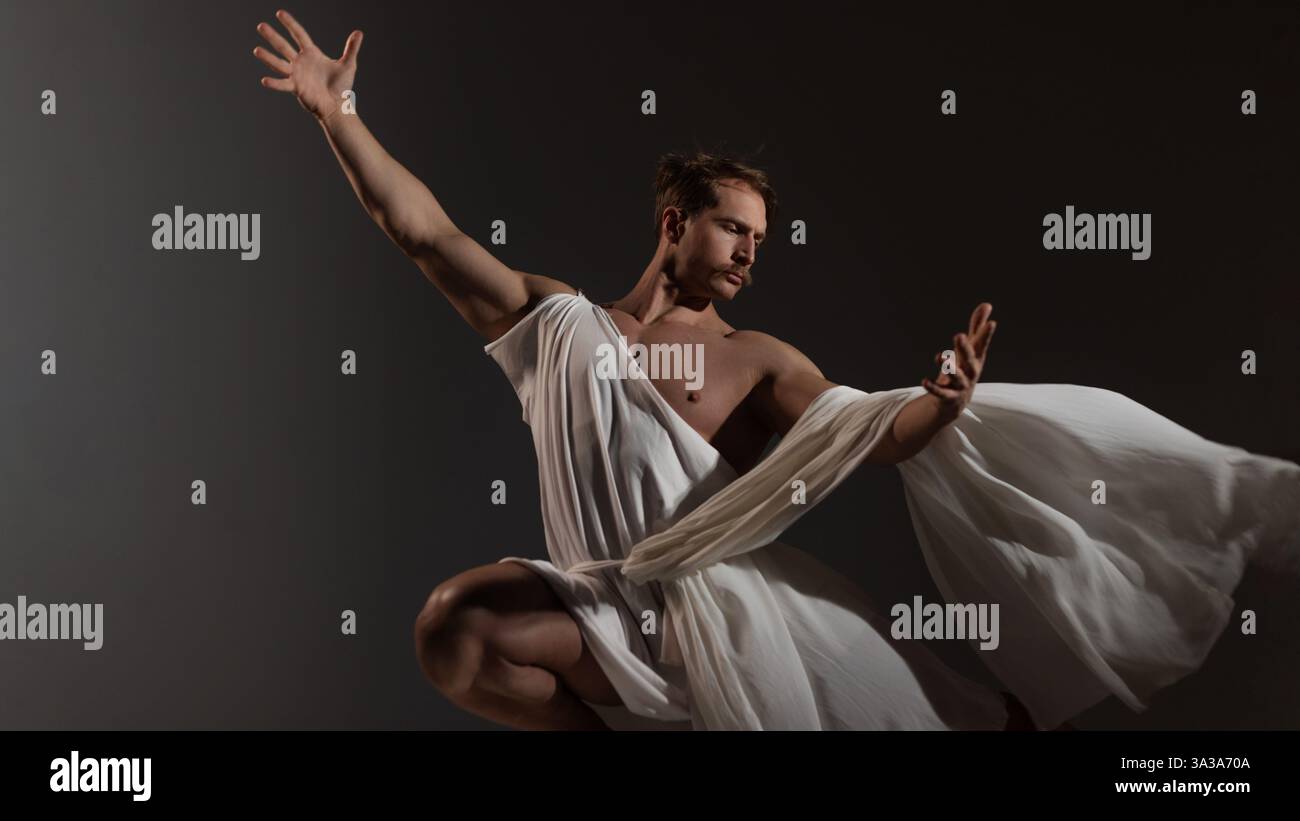 A muscular, athletic figure embodying Zeus, Epic pose, tunic flapping ...