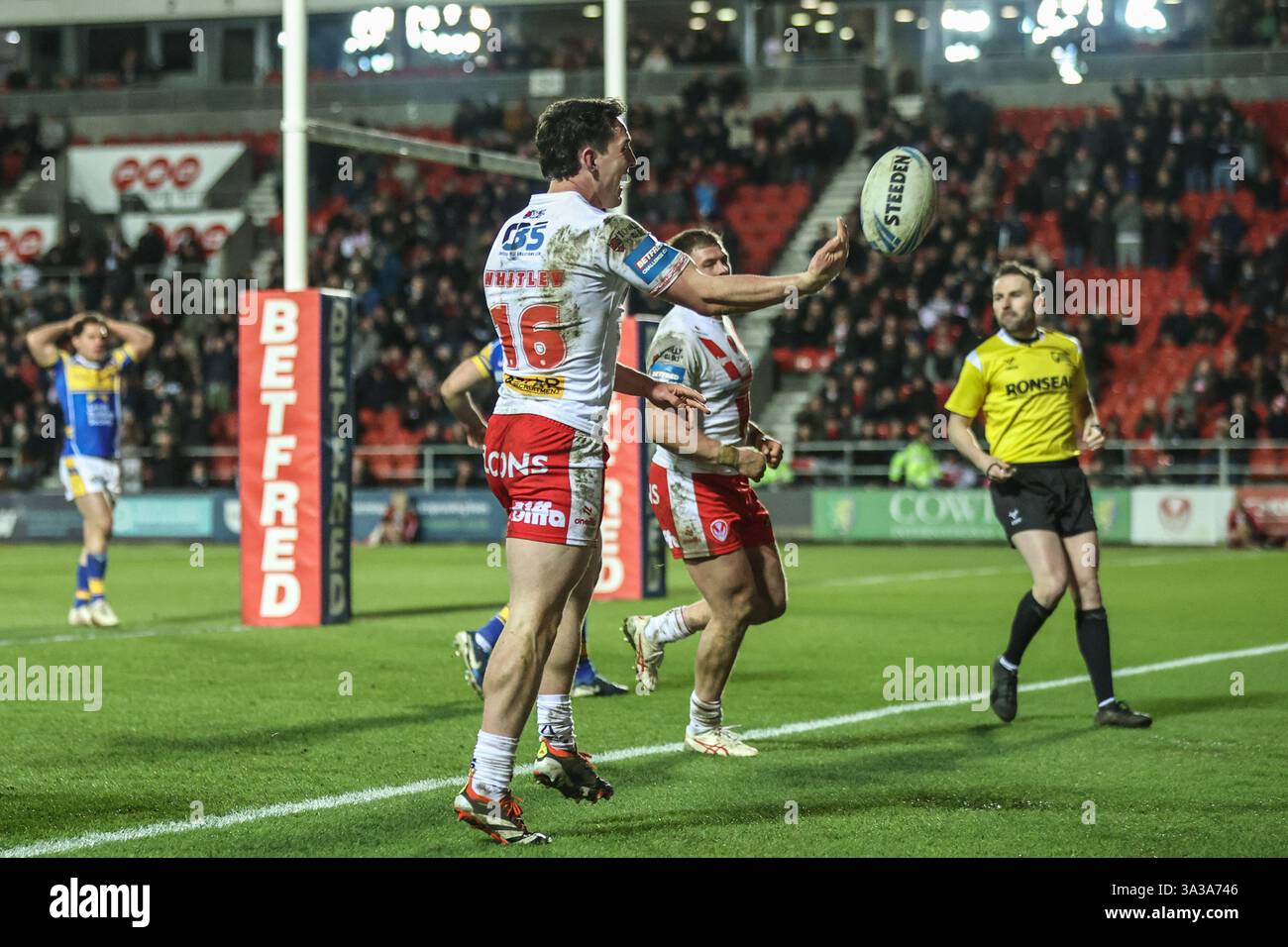 Matt Whitley of St. Helens celebrates his try during the Betfred ...