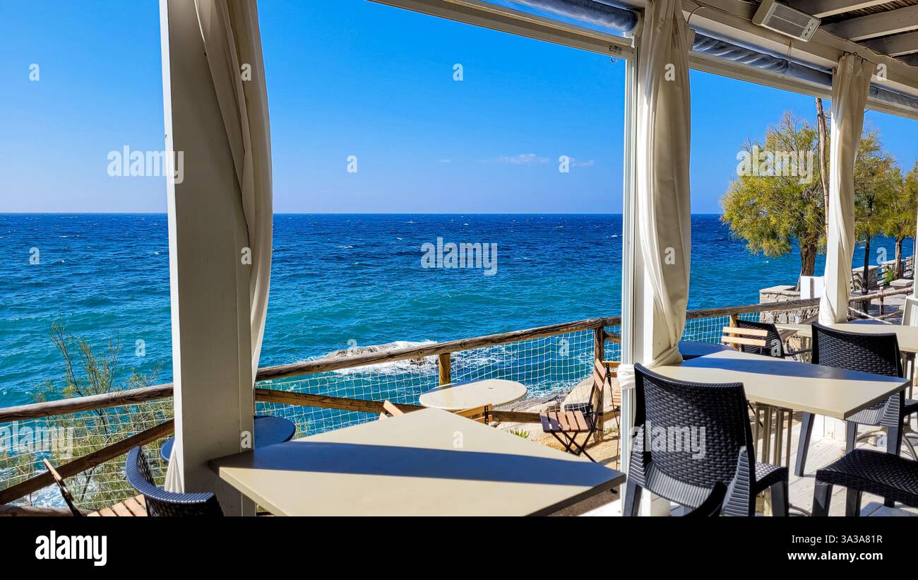 Mediterranean idyll. View from the restaurant terrace through open ...