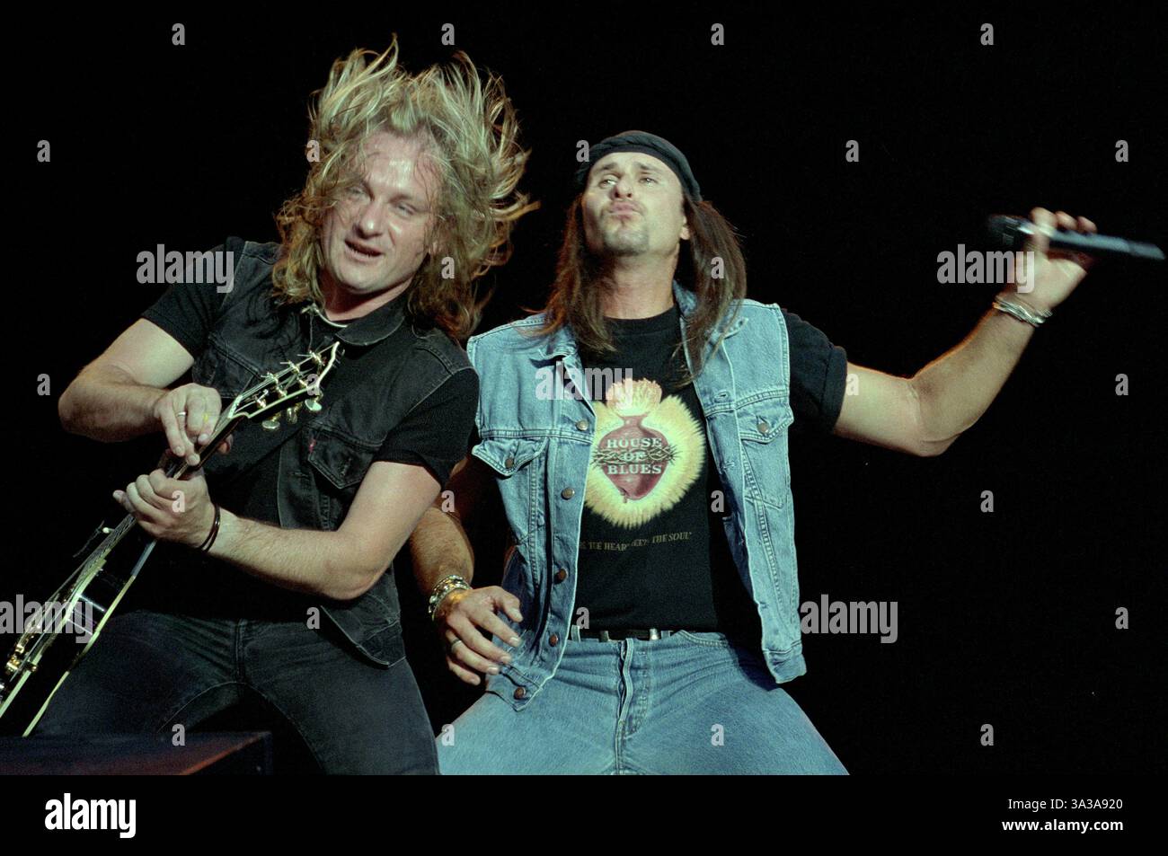 Torino Italy 04/07/2001:Steve Lee and Leo Leoni of the Swiss heavy metal band "Gotthard", during ...