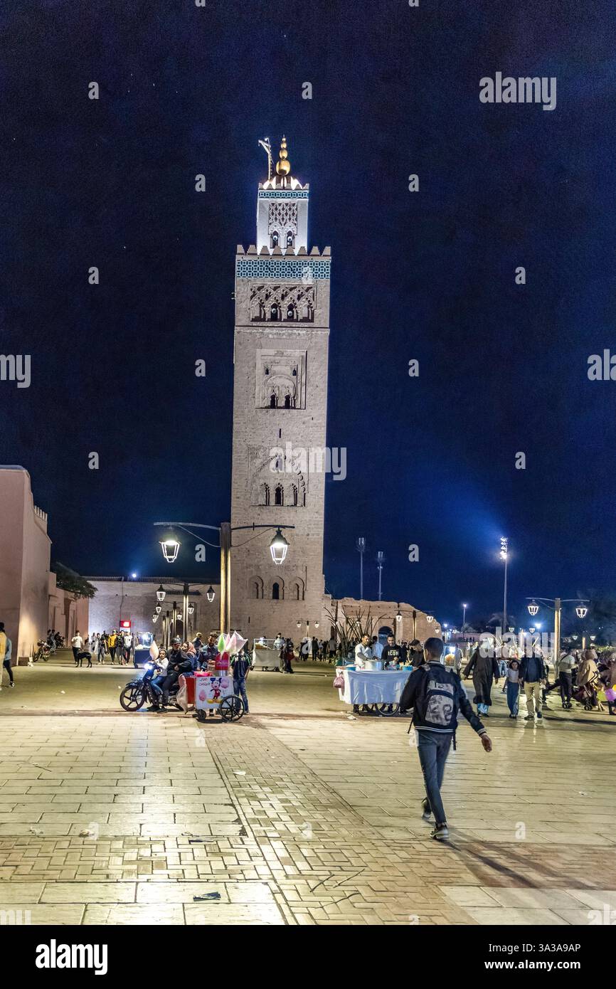 Marrakesh, Morocco - night view of the square minaret of the Kutubiyya ...
