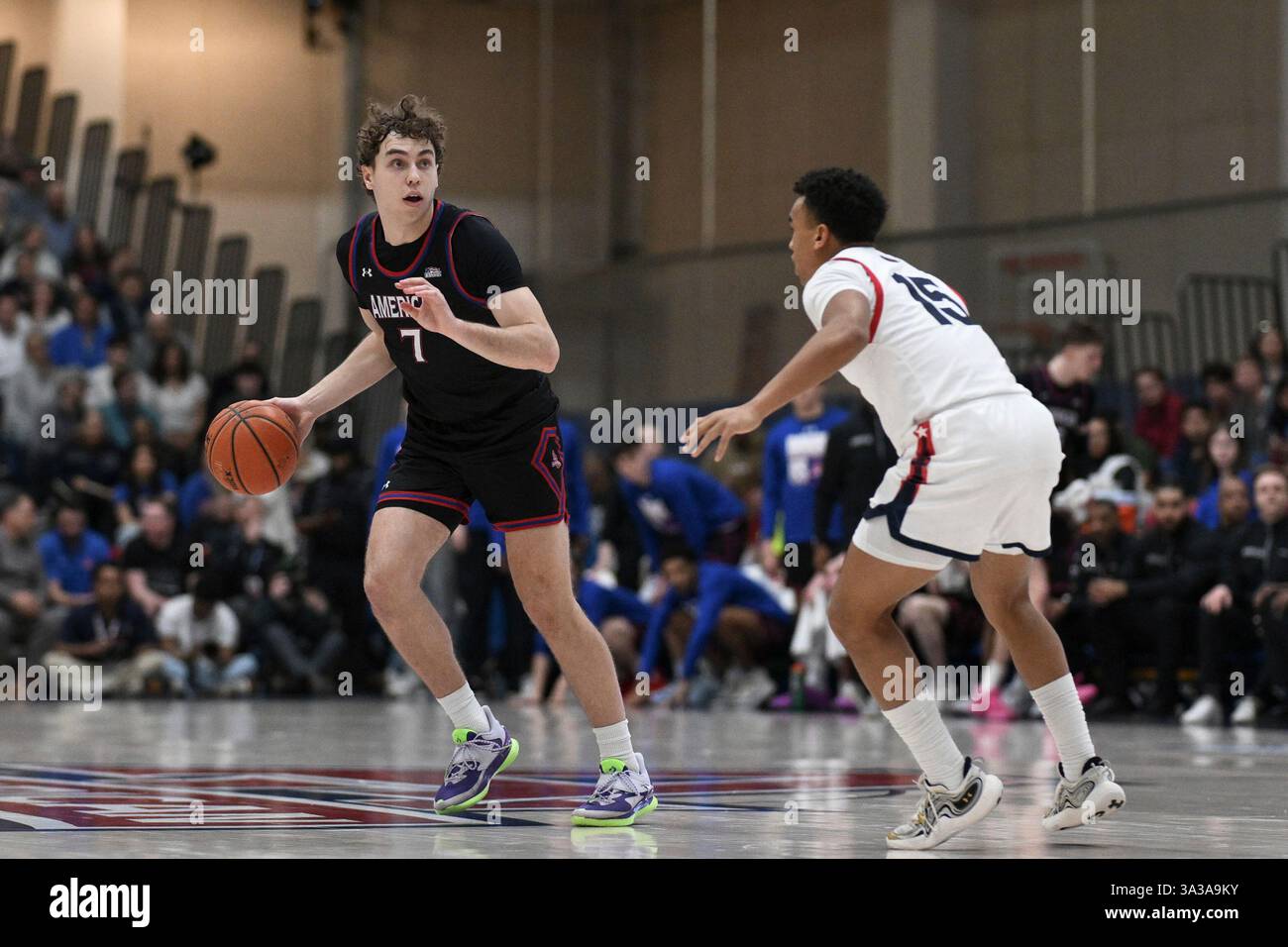 American guard Wyatt Nausadis (7) handles the ball against Navy guard ...