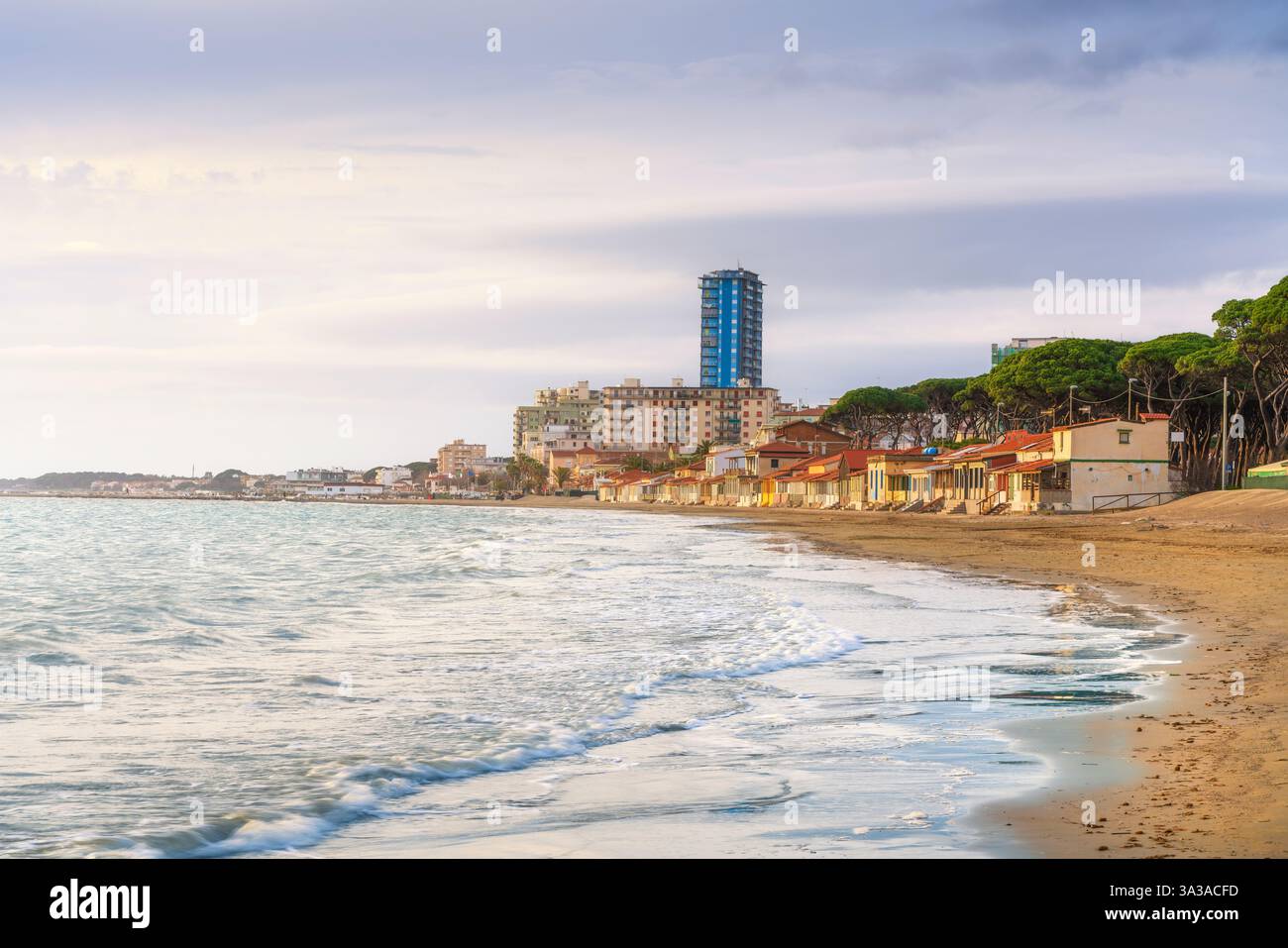 Follonica coast, town skyline, beach resorts, and seafront view ...