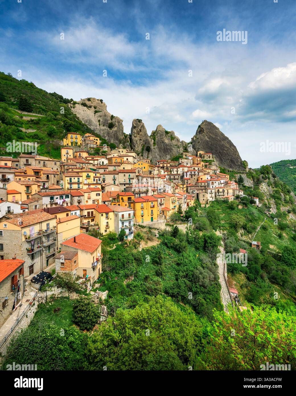 Castelmezzano village in Dolomiti Lucane mountains. Chain of the ...