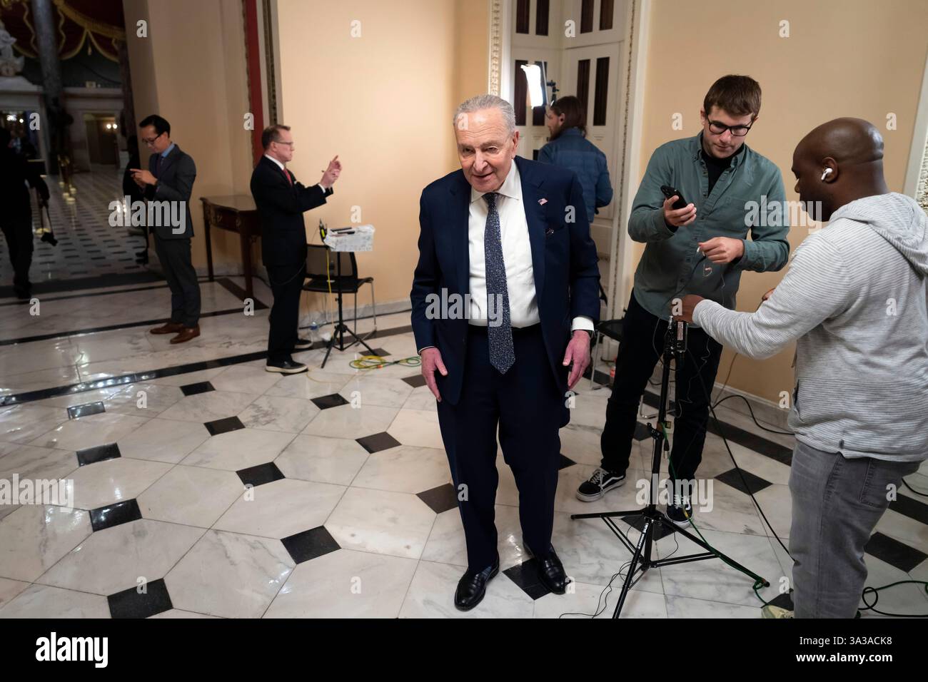 Senate Democratic Leader Chuck Schumer leaves after giving a television ...
