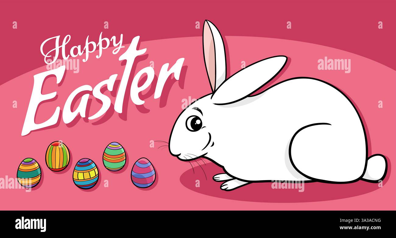 Cartoon illustration of Easter Bunny with colored eggs greeting card or ...