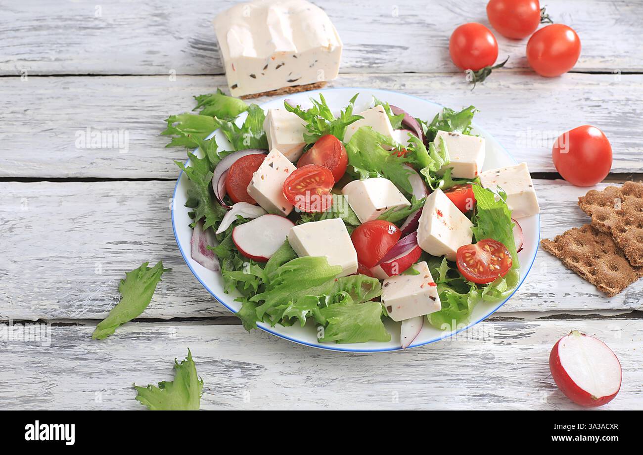 Vegetable salad with mozzarella cheese, cherry tomatoes and fresh ...