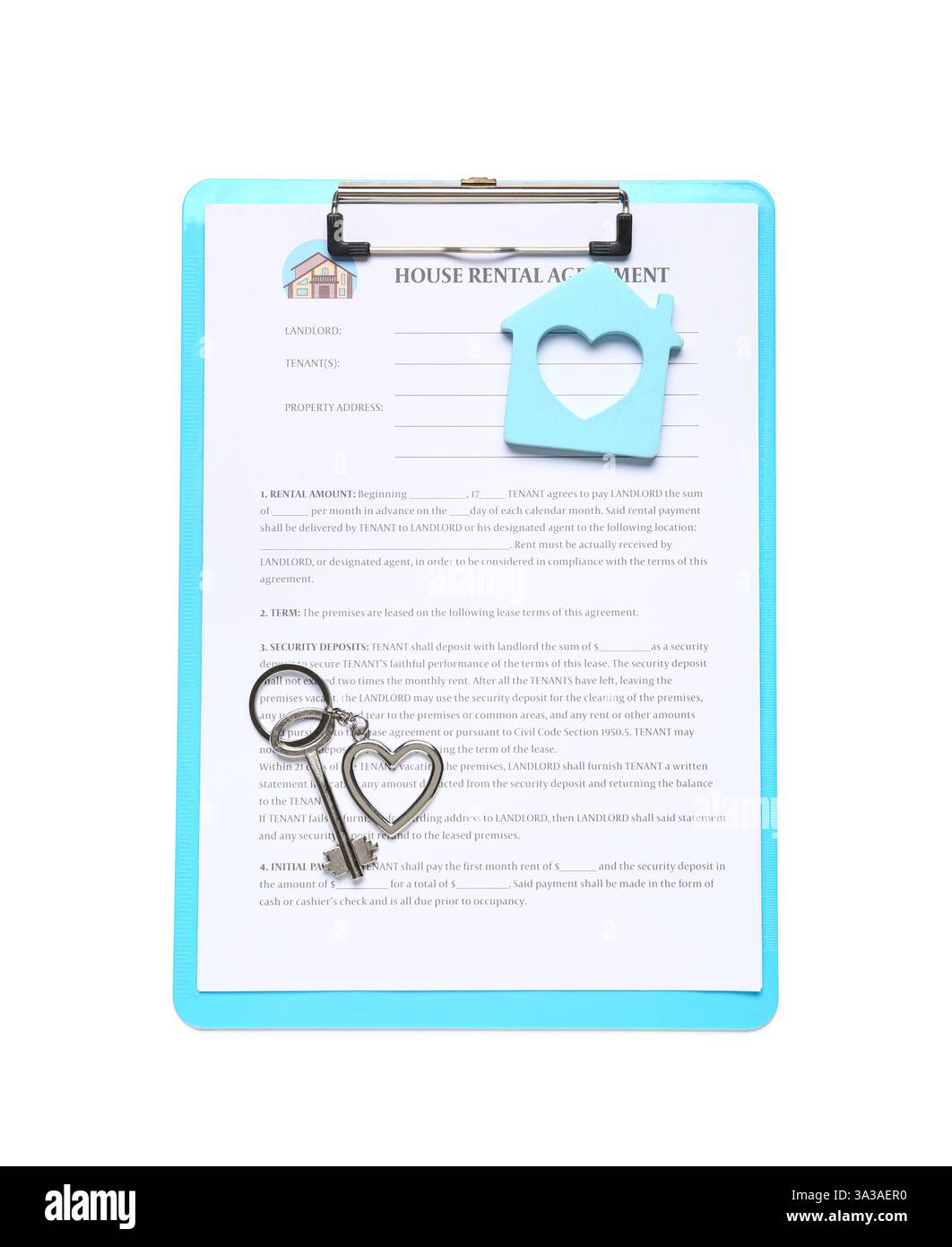 Blank house rental agreement with key and figure on white background ...
