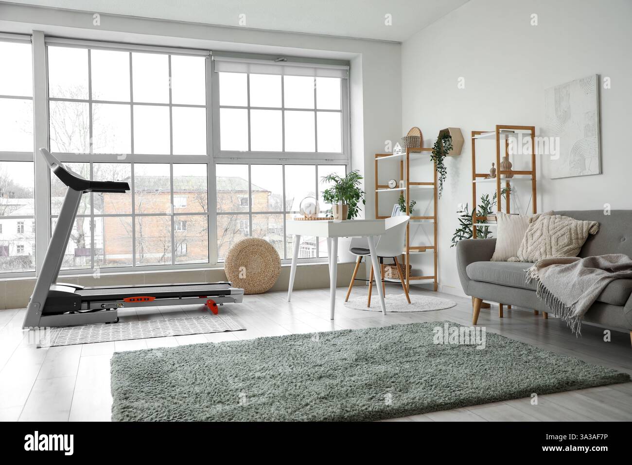 Interior of living room with treadmill, sofa and shelf units Stock ...
