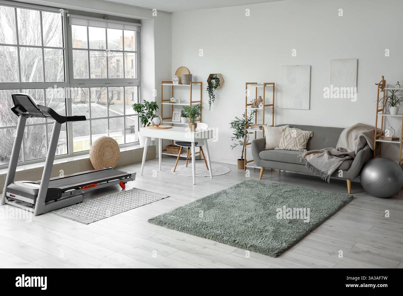 Interior of living room with treadmill, sofa and shelf units Stock ...