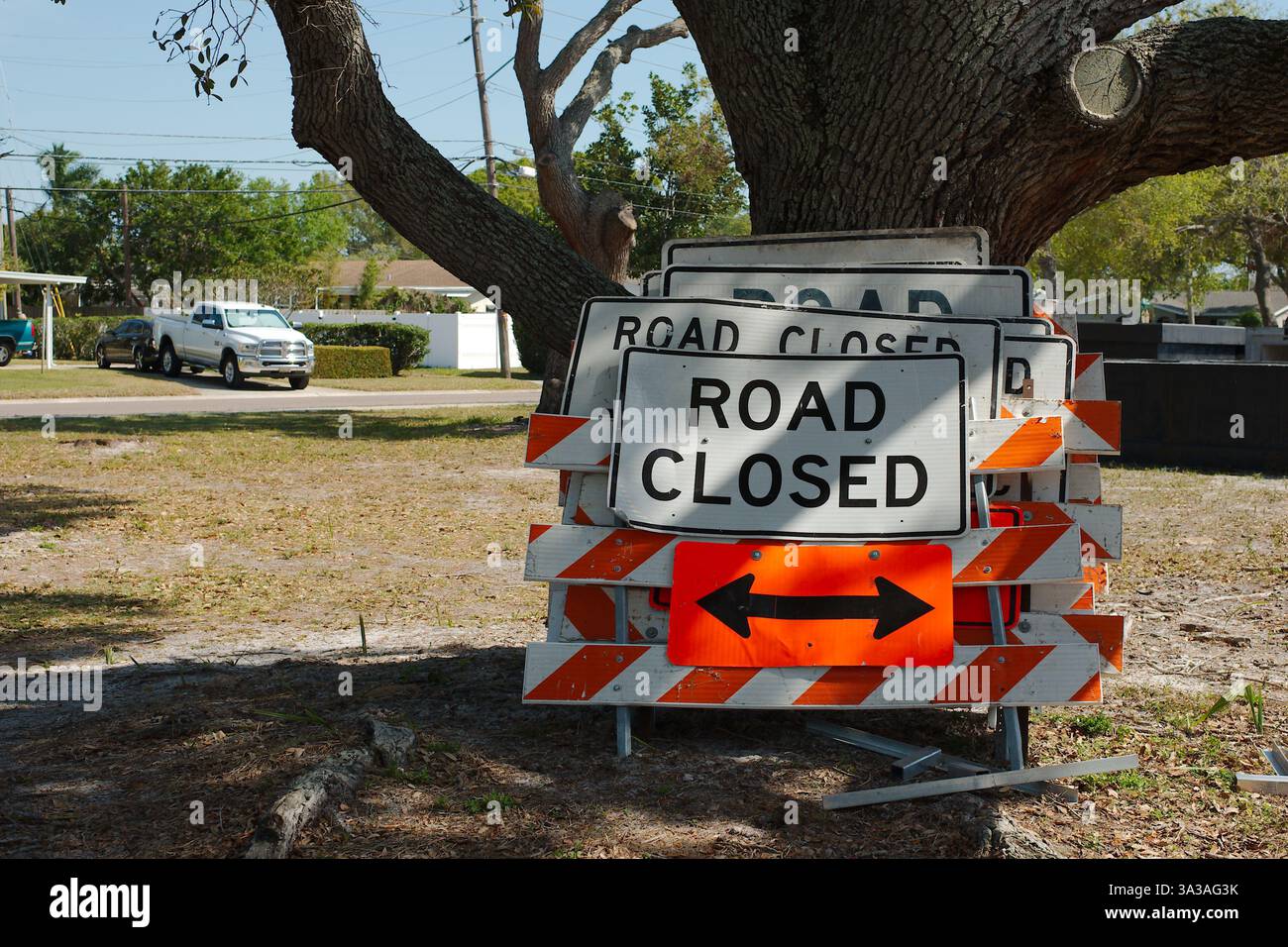 Editorial Use Only March 15, 2025 St. Petersburg, FL, USA. White and black road closed signs ...
