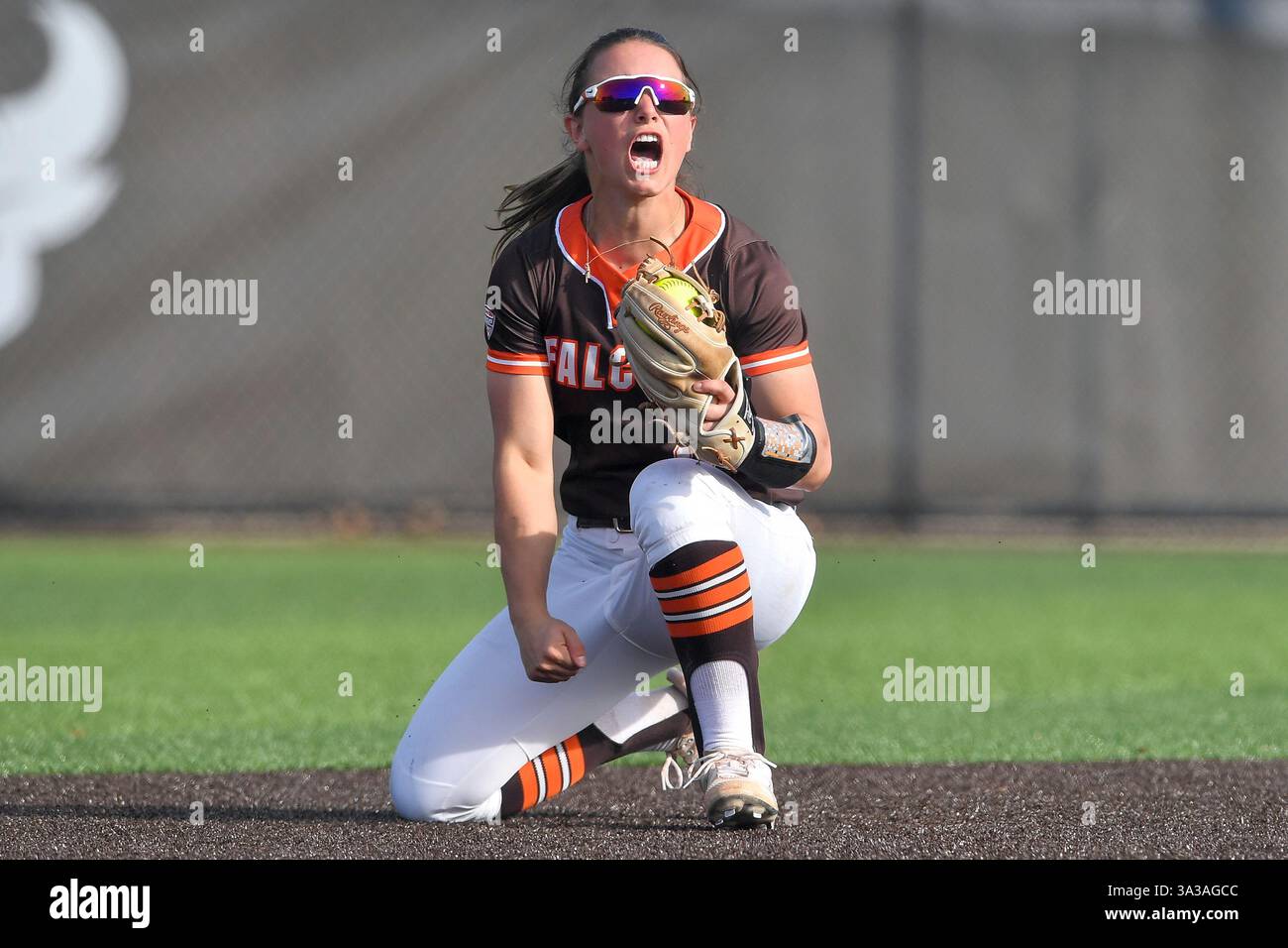 Bowling Green's Addie Martin (0) reacts after making an out during an ...