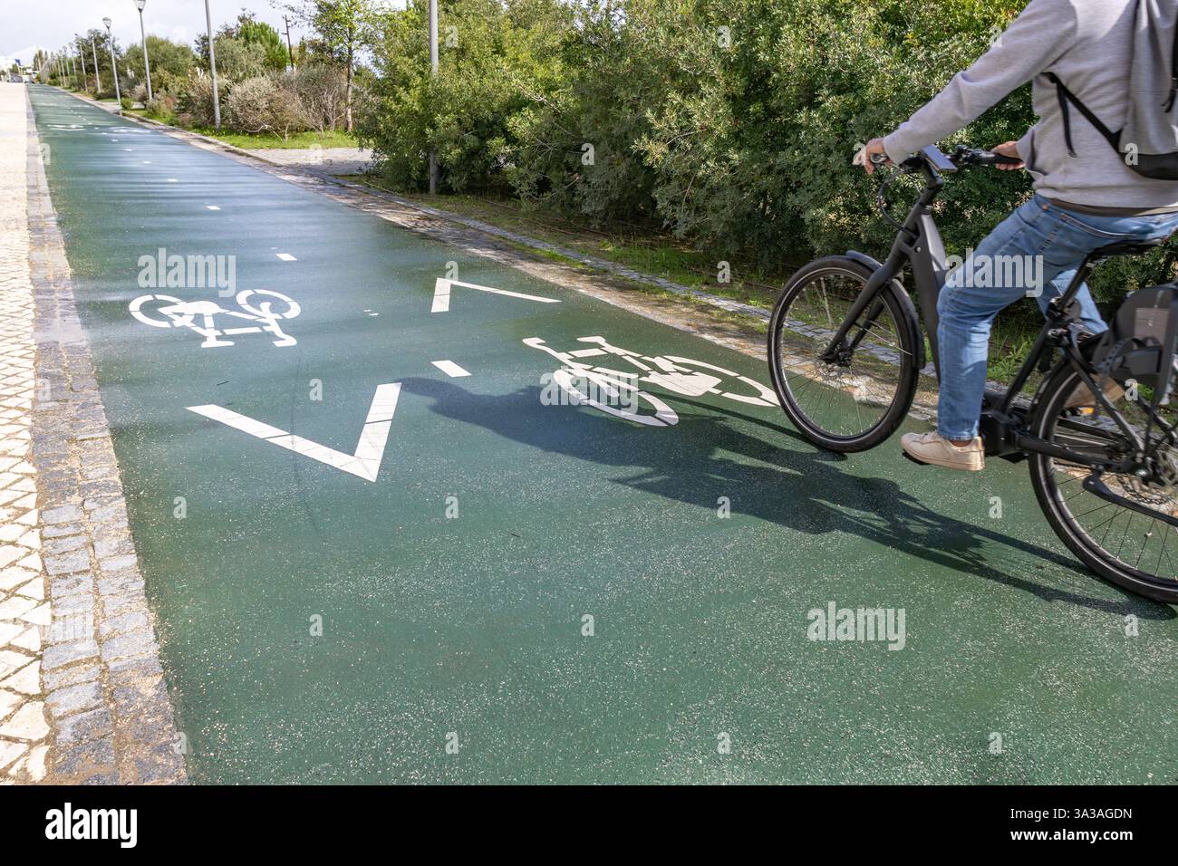 green two-way cycle path in Lisbon Stock Photo - Alamy