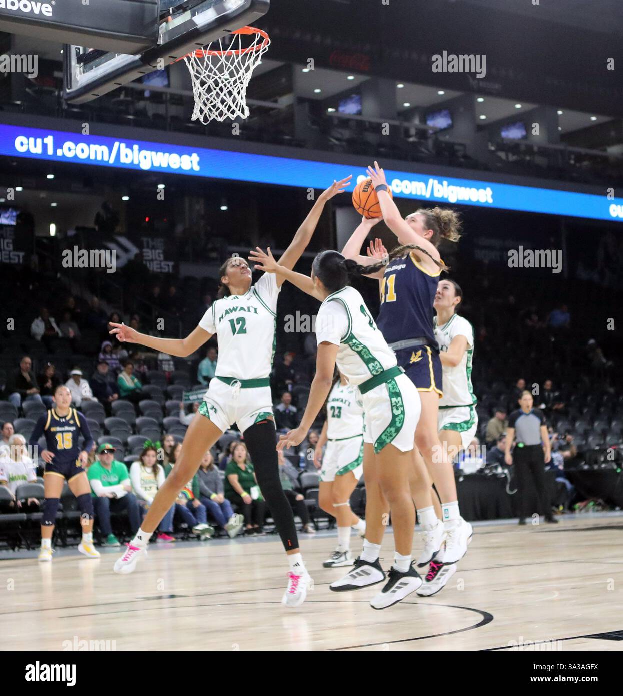 March 14, 2025 - Hawai'i Rainbow Wahine forward Imani Perez #12 blocks ...