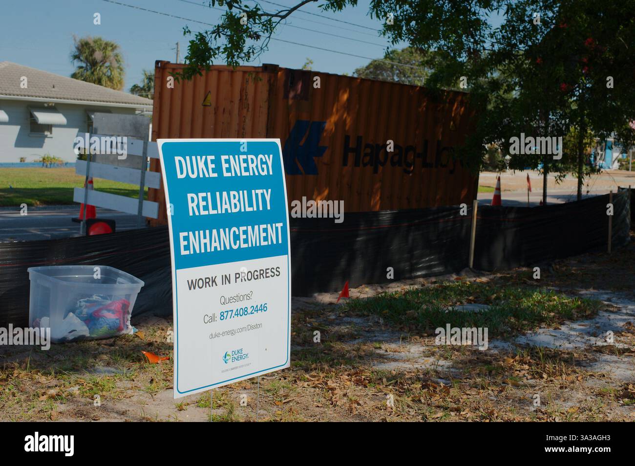 Duke Energy sign indicating "Reliability Enhancement Work in Progress ...