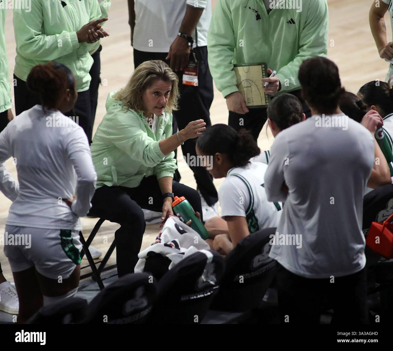 March 14, 2025 - Hawai'i Rainbow Wahine head coach Laura Beeman talks ...