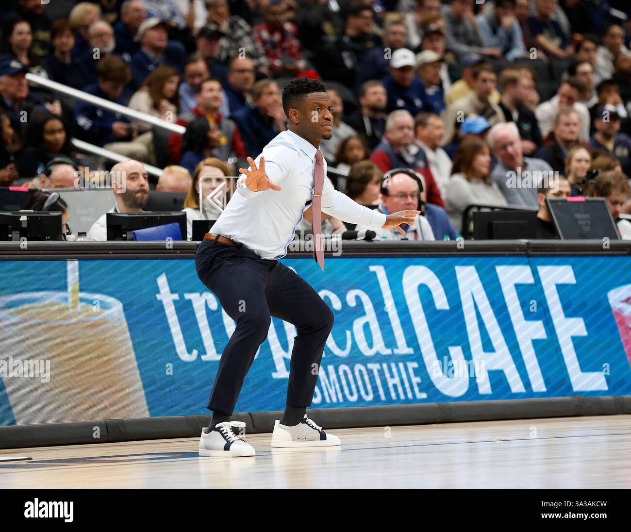 March 14, 2025: George Mason Patriots Head Coach Tony Skin calls in a ...