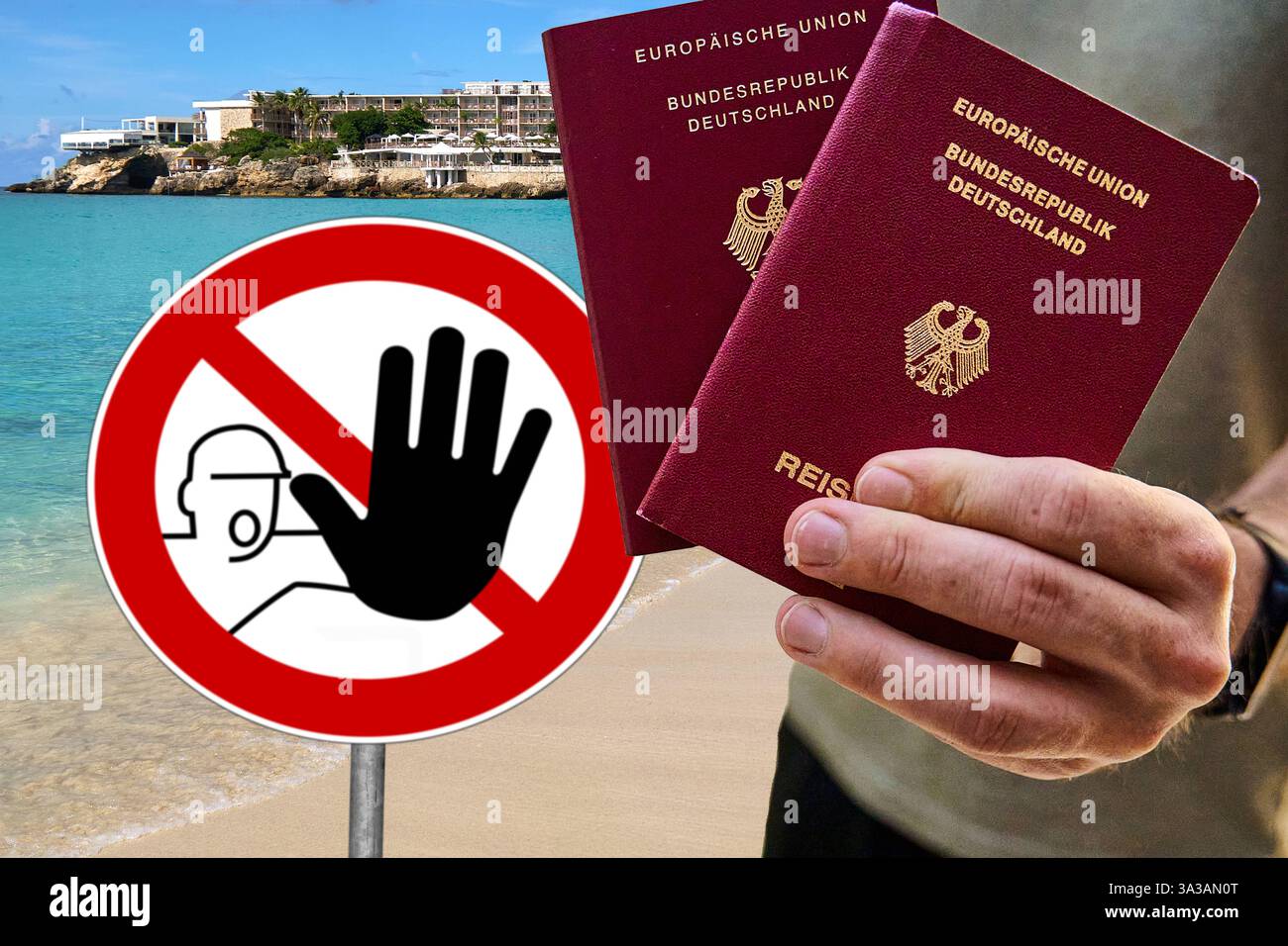 Bavaria, Germany - March 14, 2025: PHOTOMONTAGE, a traveler holds two ...