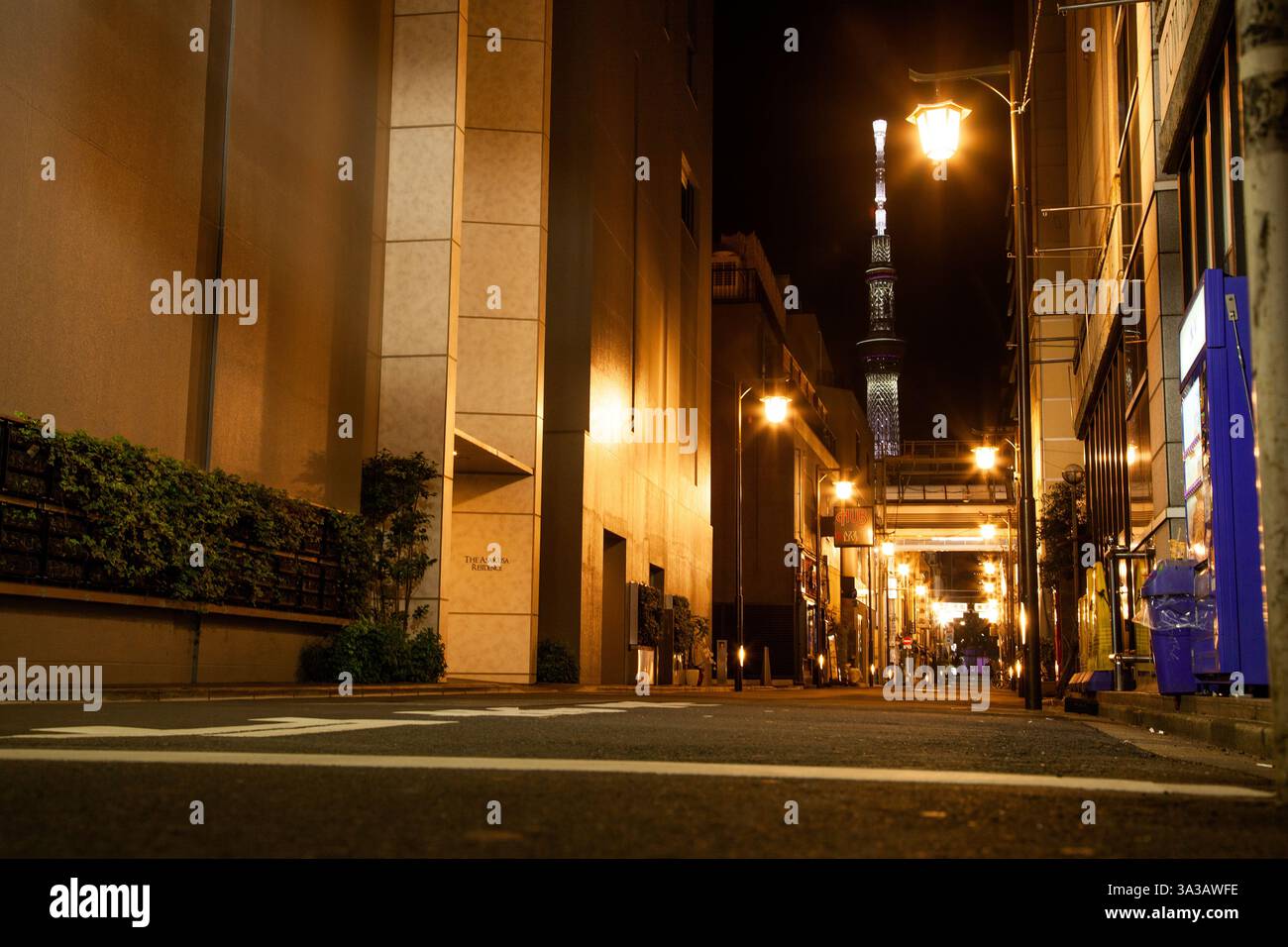 View of Tokyo Skytree at night looking down a small street in Asakusa ...
