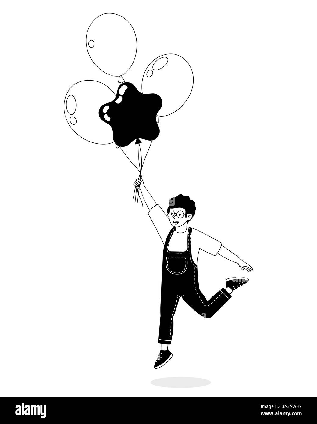 Child joyfully holds colorful balloons while balancing on one foot in a ...