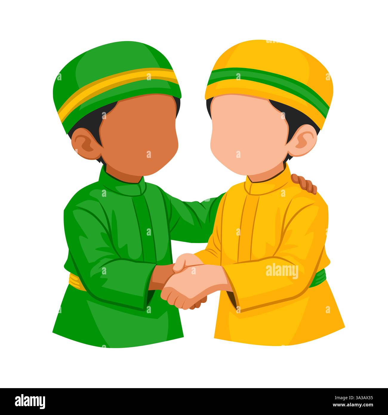 Ied Mubarak celebration. Two boys in traditional Islamic attire warmly ...