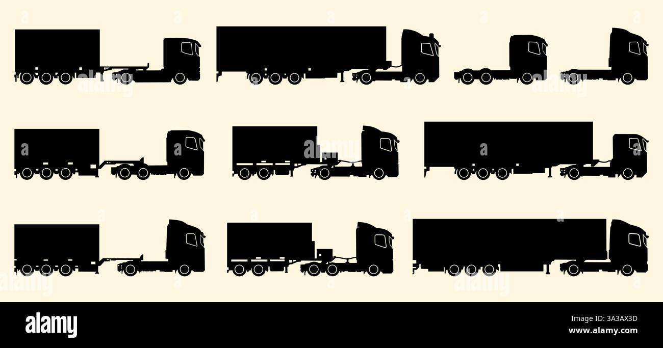 A collection of black silhouette illustrations of various truck and ...