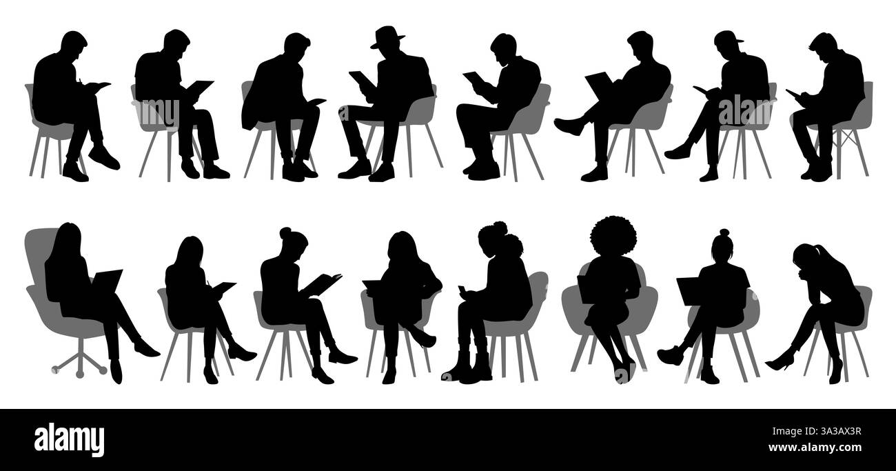 A collection of black silhouette illustrations depicting people sitting ...