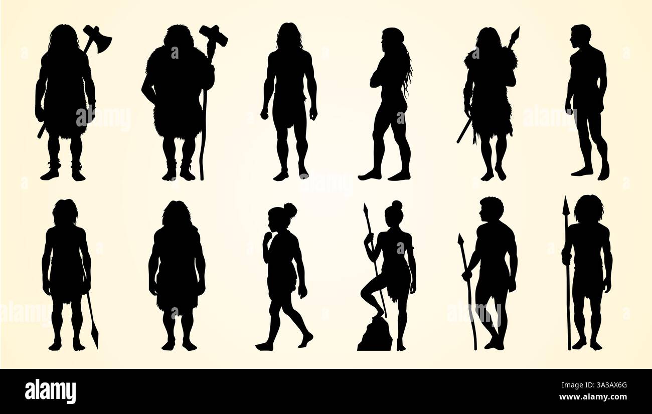 Silhouettes of prehistoric humans with tools and weapons showcasing ...