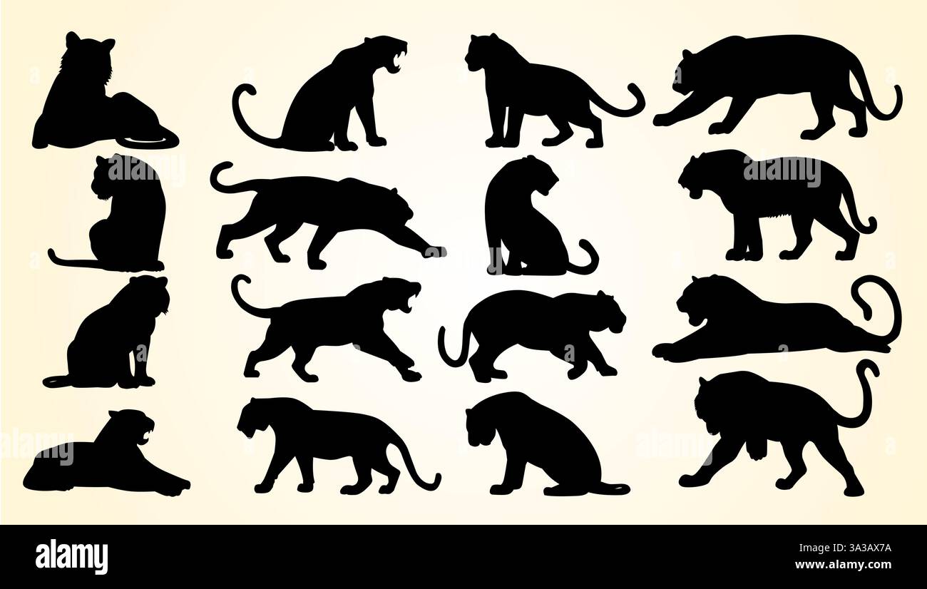 Silhouettes tiger set of prowling, sitting, and roaring big cats ...