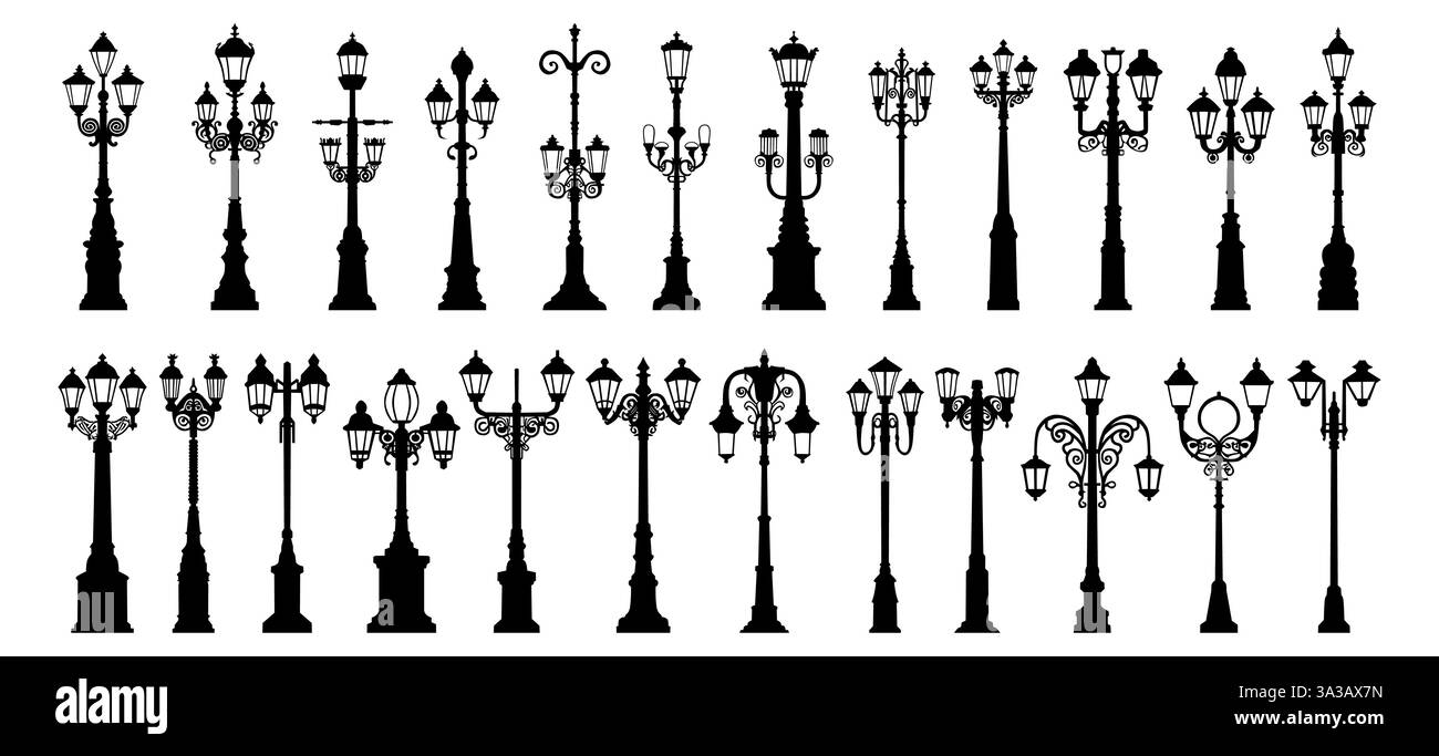A collection of vintage-style street lamp silhouettes in various ornate ...