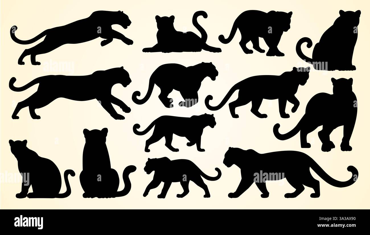 Silhouettes of big cats in various poses, including walking, running ...