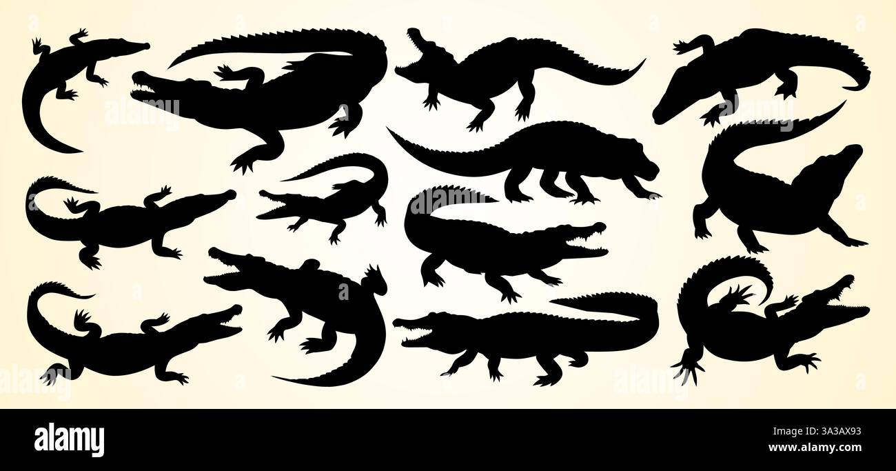 Silhouettes of crocodiles and alligators in various poses, showcasing ...