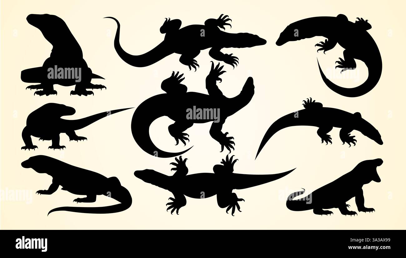 Silhouettes of Komodo dragon lizards in dynamic poses, highlighting ...