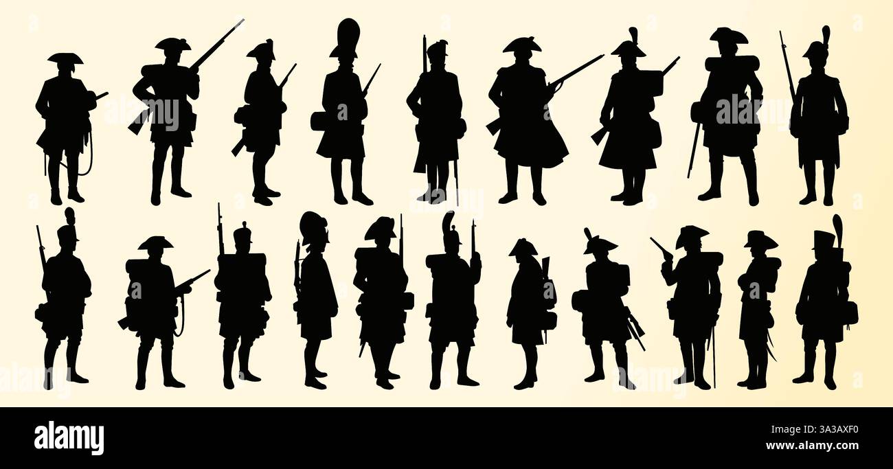 A Silhouette soldiers from different historical periods, each carrying ...