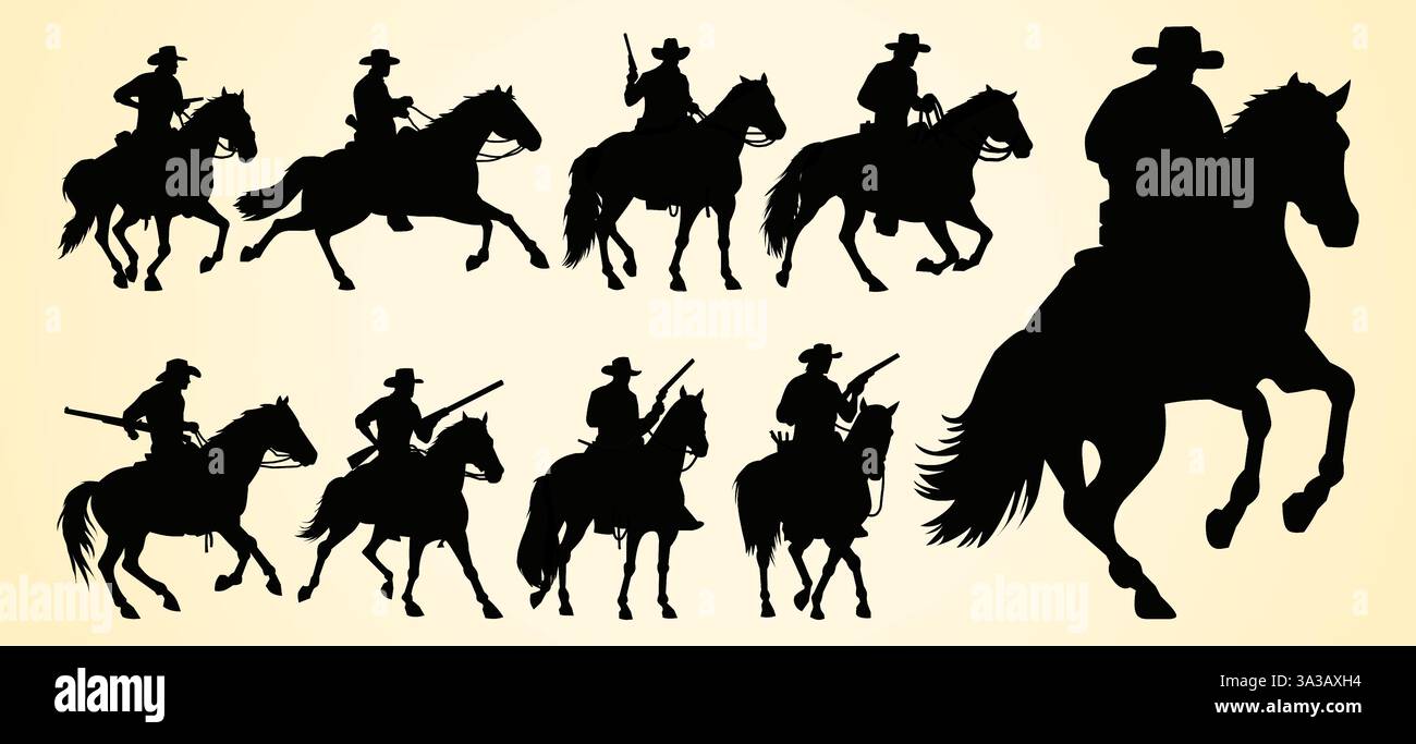 Silhouettes of cowboys riding horses, some holding rifles, representing ...