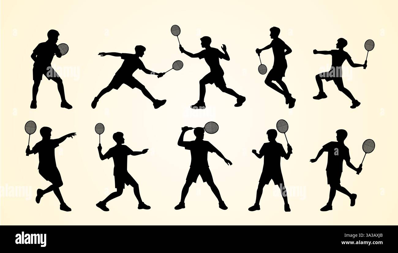 Silhouettes of badminton players in various dynamic action poses ...