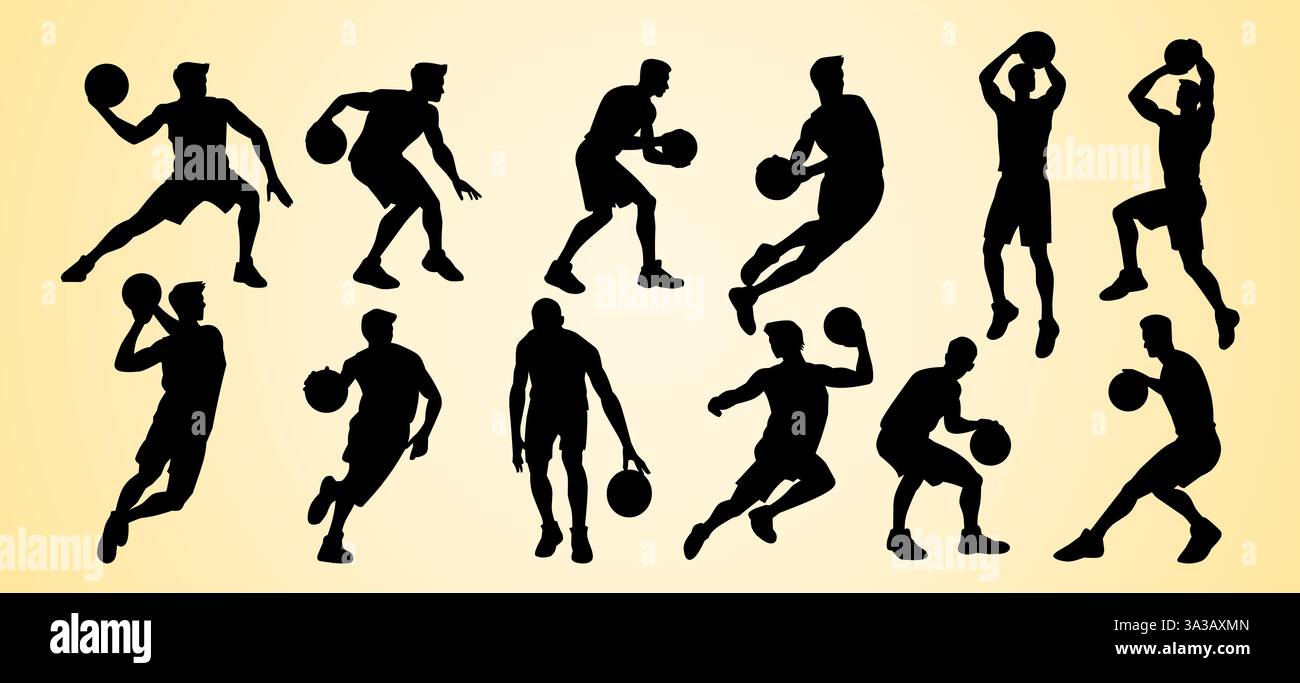 This image shows silhouettes of basketball players in various action ...