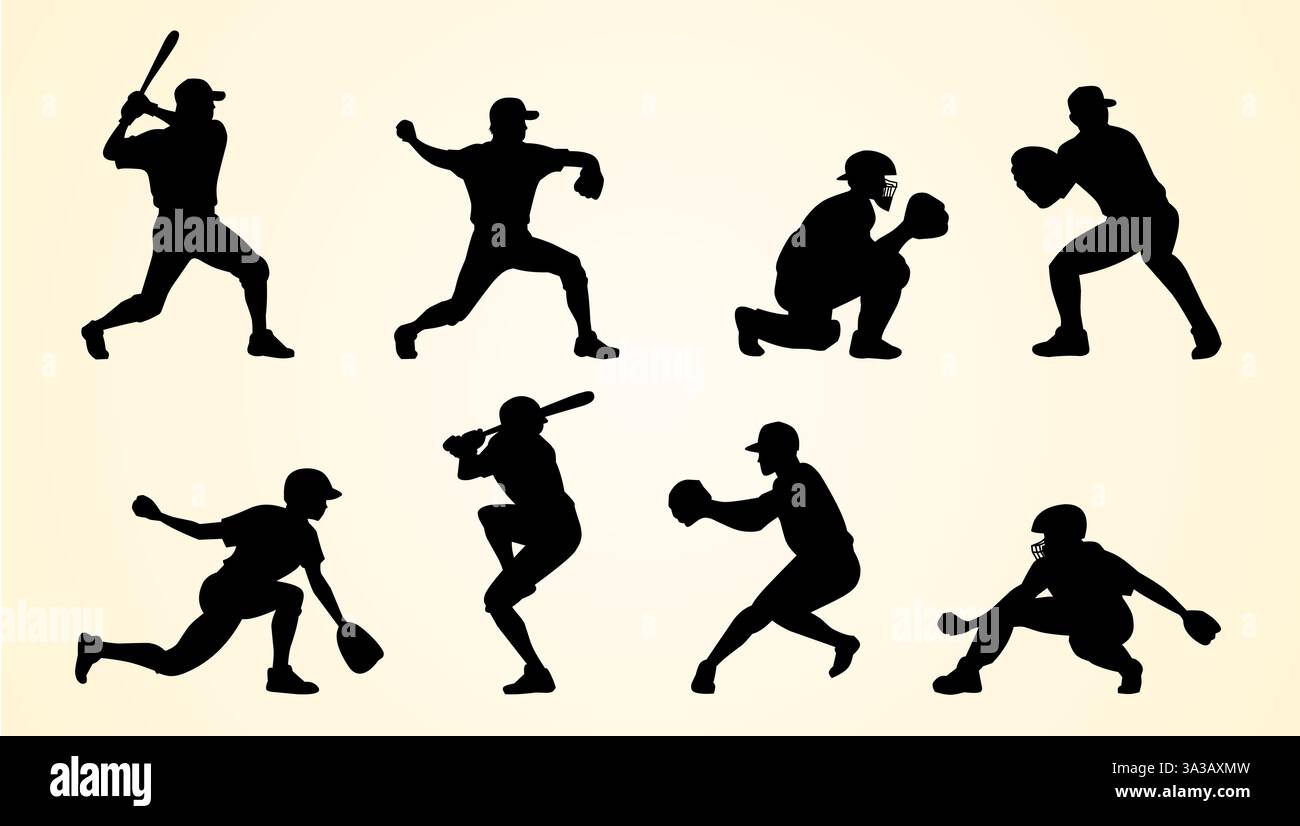 A collection of black silhouettes depicting various baseball players in ...