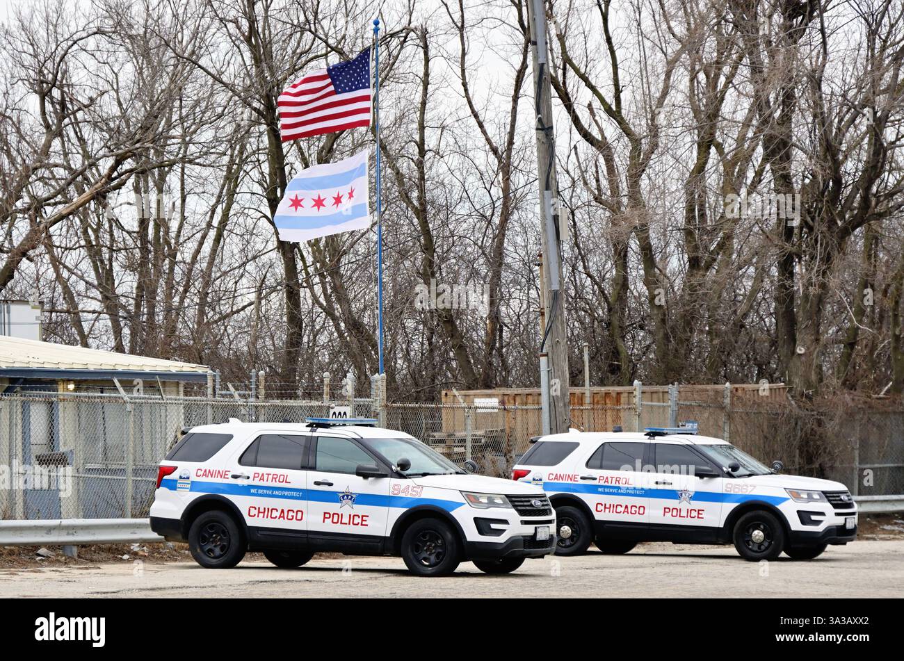 Des Plaines, Illinois, USA. Police vehicles parked outside the Chicago ...
