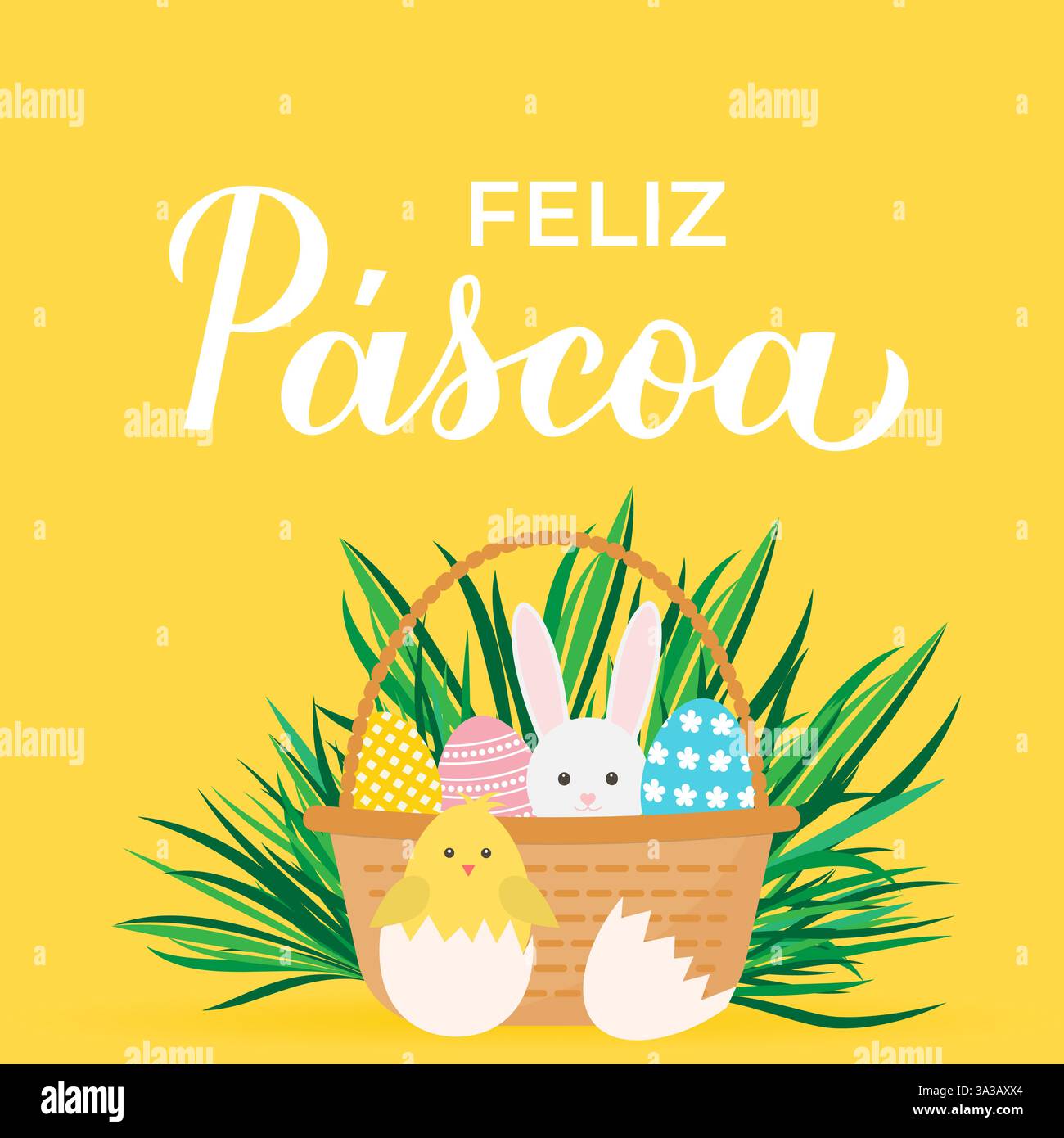 Happy Easter calligraphy lettering in Portuguese language. Basket of ...