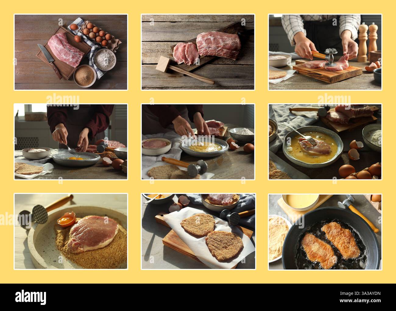 Schnitzel step-by-step recipe. Collage with photos of preparation on ...